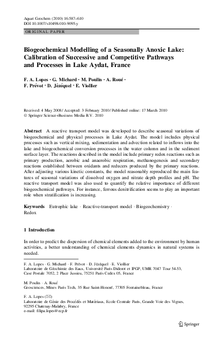 (PDF) Biogeochemical Modelling of a Seasonally Anoxic Lake: Calibration ...