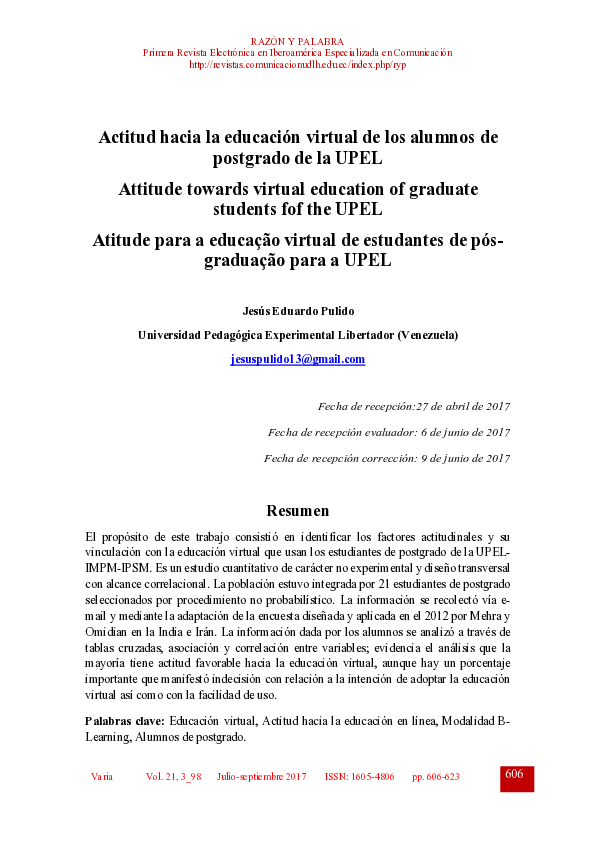 (PDF) Actitud hacia la educación virtual de los alumnos de postgrado de la UPEL