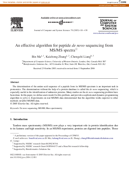 (PDF) An effective algorithm for peptide de novo sequencing from MS/MS spectra | Kaizhong Zhang ...