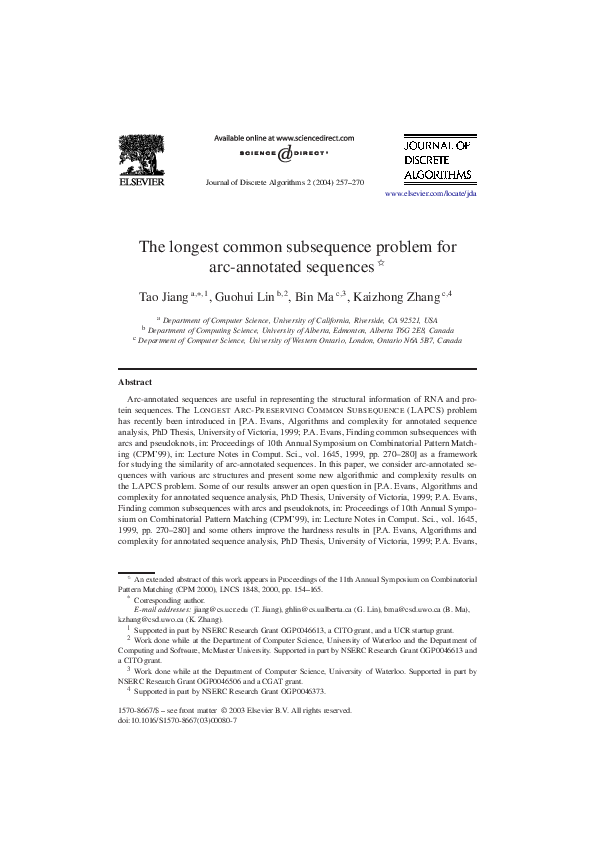(PDF) The longest common subsequence problem for arc-annotated sequences