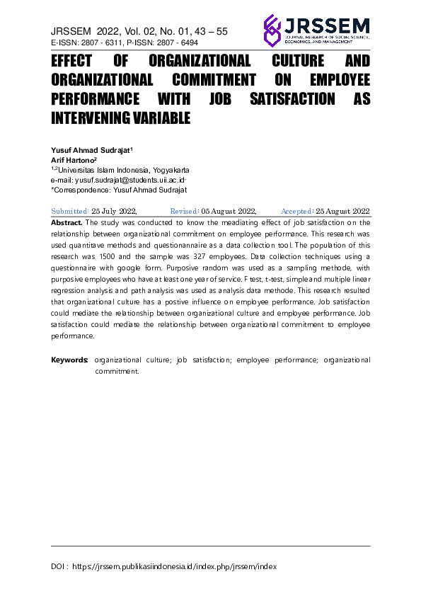 Pdf Effect Of Organizational Culture And Organizational Commitment On Employee Performance