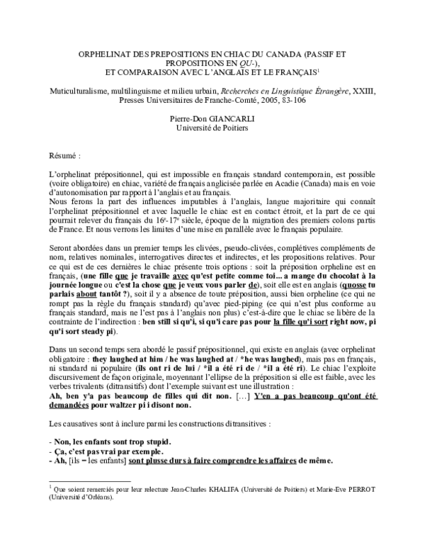 (PDF) ORPHELINAT DES PREPOSITIONS EN CHIAC DU CANADA (PASSIF ET ...