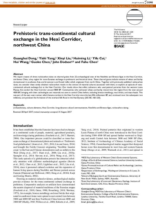 (PDF) Prehistoric trans-continental cultural exchange in the Hexi ...