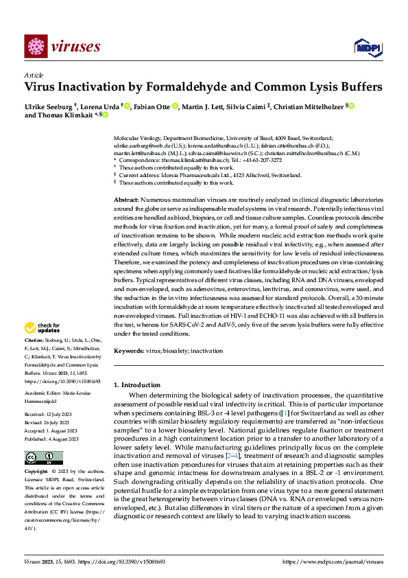 (PDF) Virus Inactivation by Formaldehyde and Common Lysis Buffers