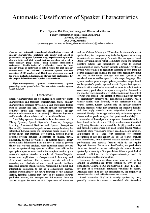 (PDF) Automatic classification of speaker characteristics