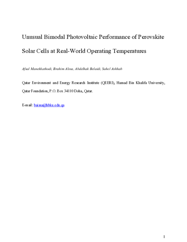 (PDF) Unusual Bimodal Photovoltaic Performance of Perovskite Solar ...