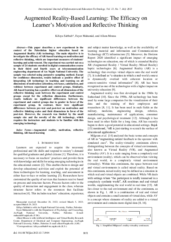 (PDF) Augmented Reality-Based Learning: The Efficacy on Learner‘s Motivation and Reflective Thinking