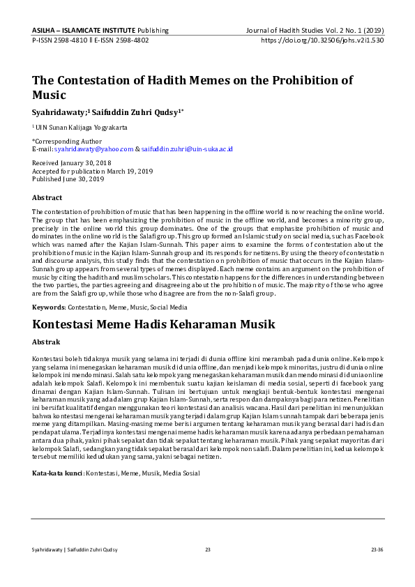 (PDF) The Contestation of Hadith Memes on the Prohibition of Music