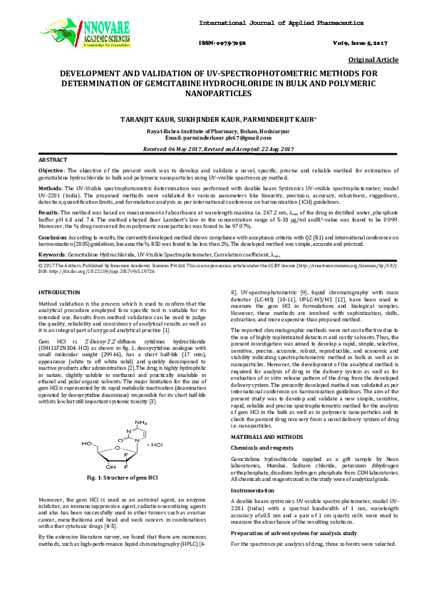 Pdf Development And Validation Of Uv Spectrophotometric Methods For