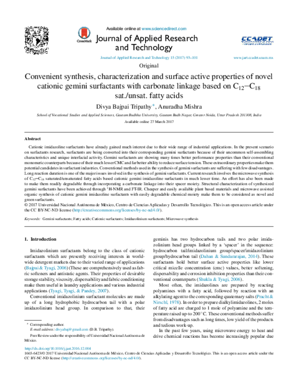 (PDF) Convenient synthesis, characterization and surface active ...