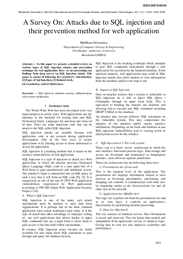 Pdf A Survey On Attacks Due To Sql Injection And Their Prevention