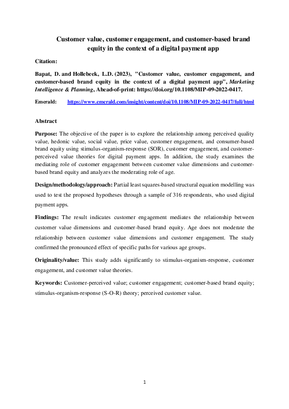 (PDF) Customer value, customer engagement, and customer-based brand equity in the context of a ...