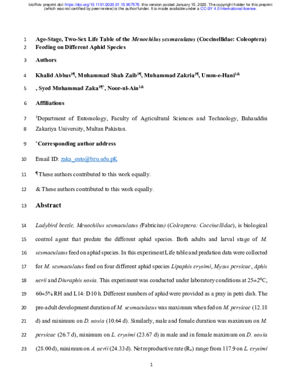 (PDF) Age-Stage, Two-Sex Life Table of the Menochilus sexmaculatus ...