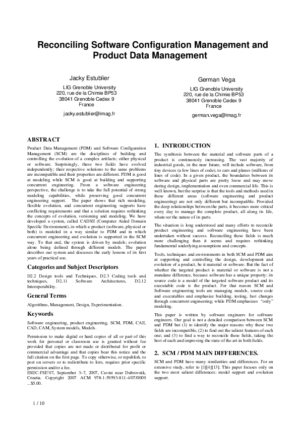 (PDF) Reconciling software configuration management and product data management | Germán Eliecer ...
