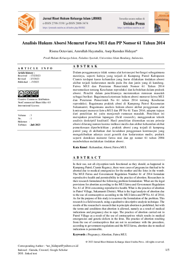 (PDF) Analisis Hukum Aborsi Menurut Fatwa Mui Dan Pp Nomor 61 Tahun ...