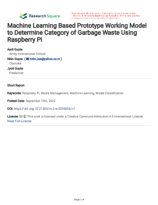 (PDF) Machine Learning Based Prototype Working Model to Determine Category of Garbage Waste ...