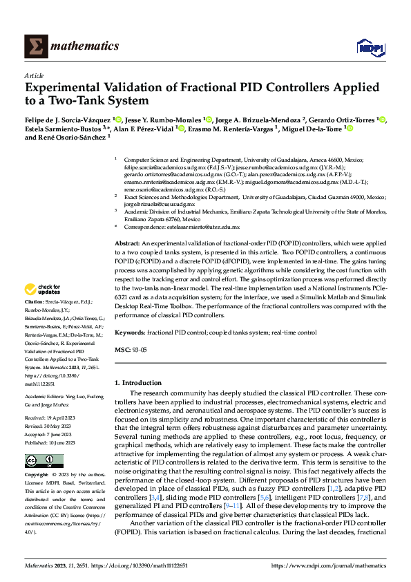 Pdf Experimental Validation Of Fractional Pid Controllers Applied To A Two Tank System