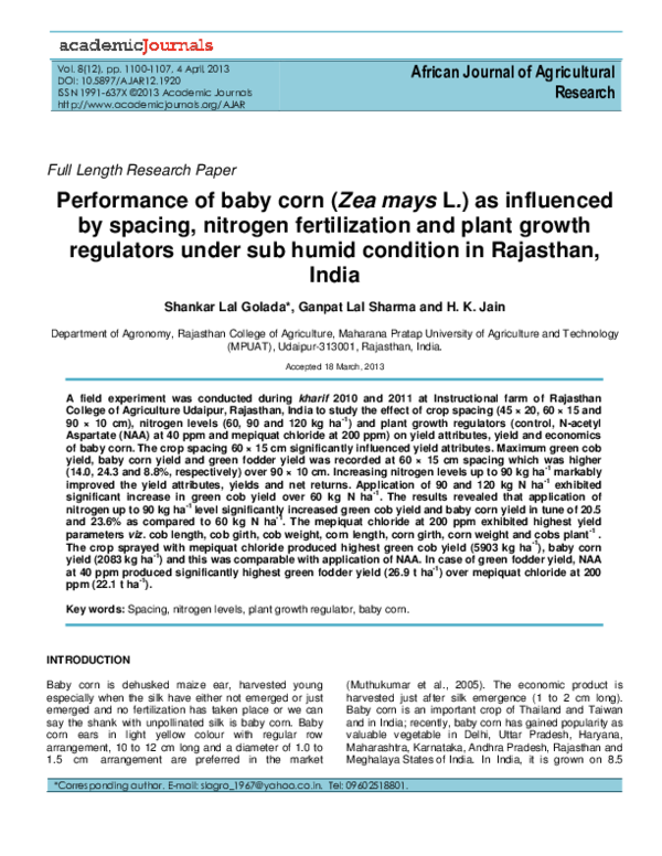 (PDF) Performance of baby corn (Zea mays L.) as influenced by spacing, nitrogen fertilization ...