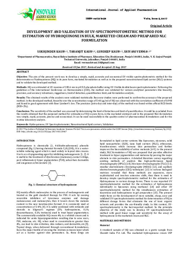 Pdf Development And Validation Of Uv Spectrophotometric Method For Estimation Of Hydroquinone