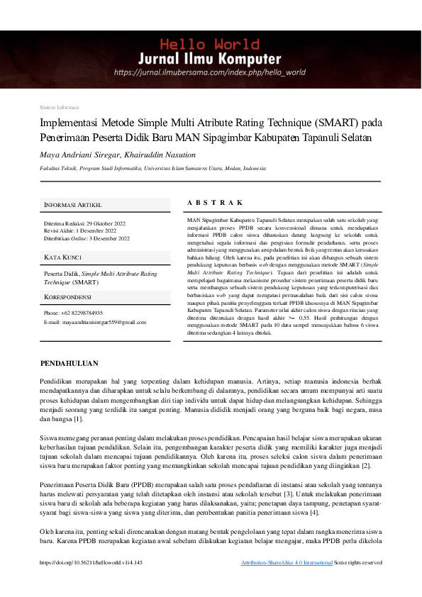 (PDF) Implementasi Metode Simple Multi Atribute Rating Technique (SMART) pada Penerimaan Peserta ...