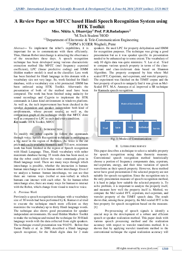 (PDF) Paper on MFCC based Hindi Speech Recognition System using HTK Toolkit