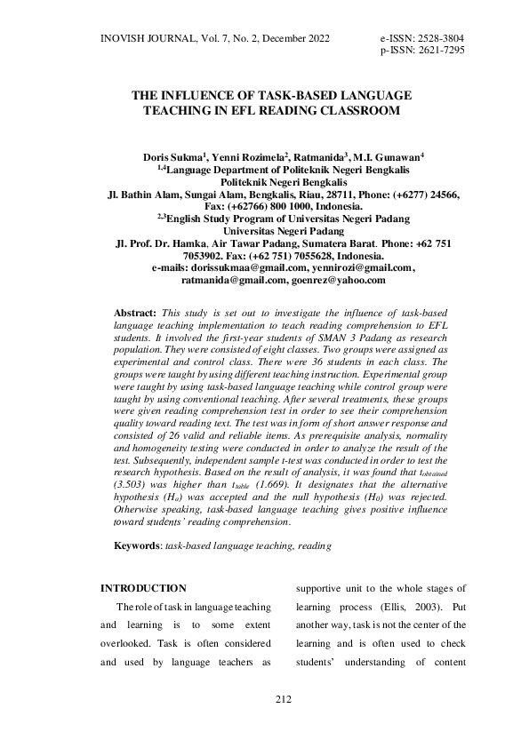 (PDF) The Influence of Task-Based Language Teaching in Efl Reading Classroom