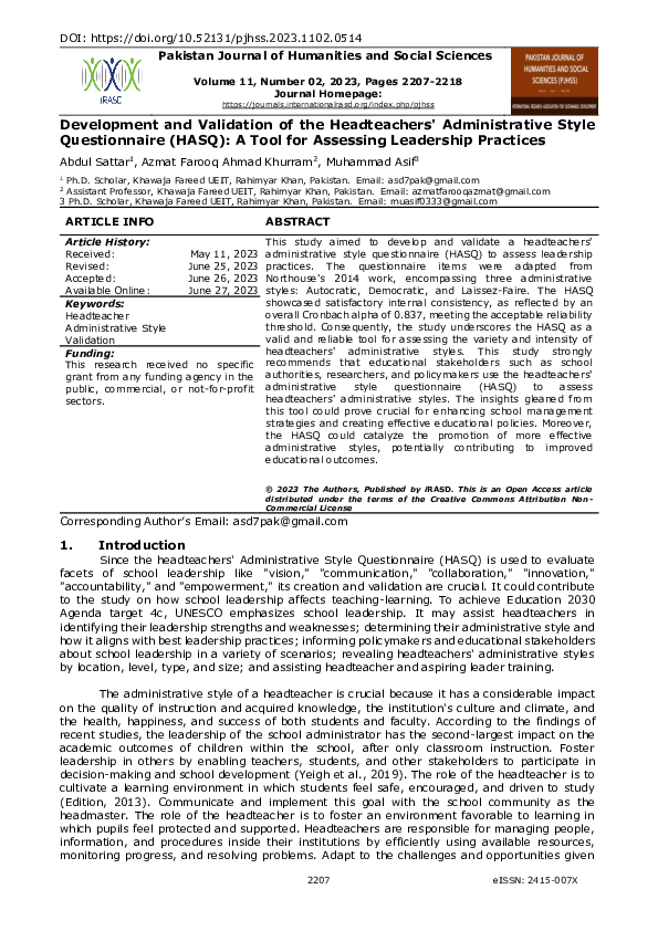 (PDF) Development and Validation of the Headteachers' Administrative Style Questionnaire (HASQ ...