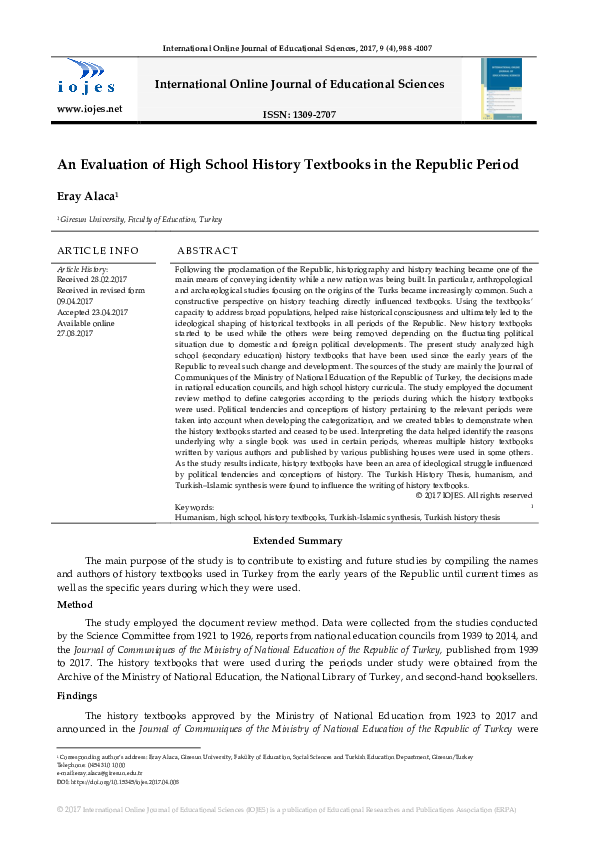 (PDF) An Evaluation of High School History Textbooks in the Republic Period