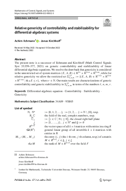 (PDF) Relative genericity of controllablity and stabilizability for differential-algebraic systems
