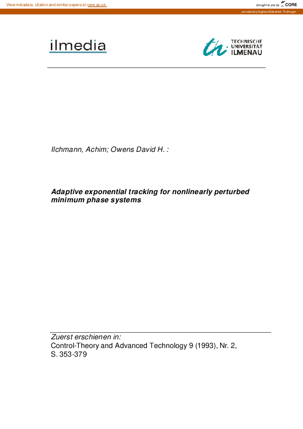 Pdf Adaptive Tracking For Nonlinear Minimum Phase Systems