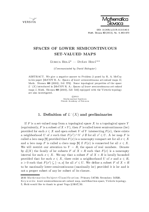 (PDF) Spaces of lower semicontinuous set-valued maps
