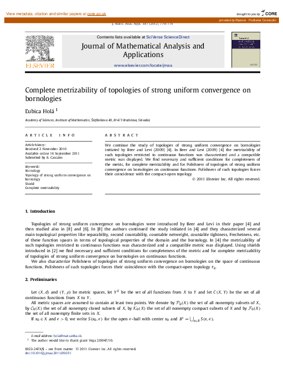 (PDF) Complete metrizability of topologies of strong uniform convergence on bornologies