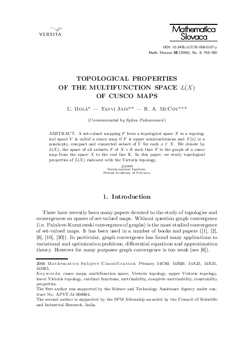 (PDF) Topological properties of the multifunction space L(X) of cusco maps