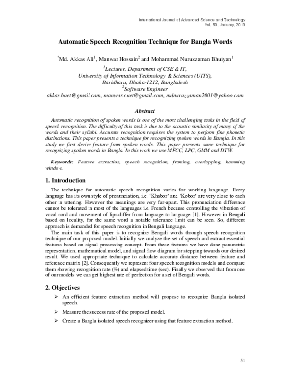 (PDF) Automatic Speech Recognition Technique for Bangla Words