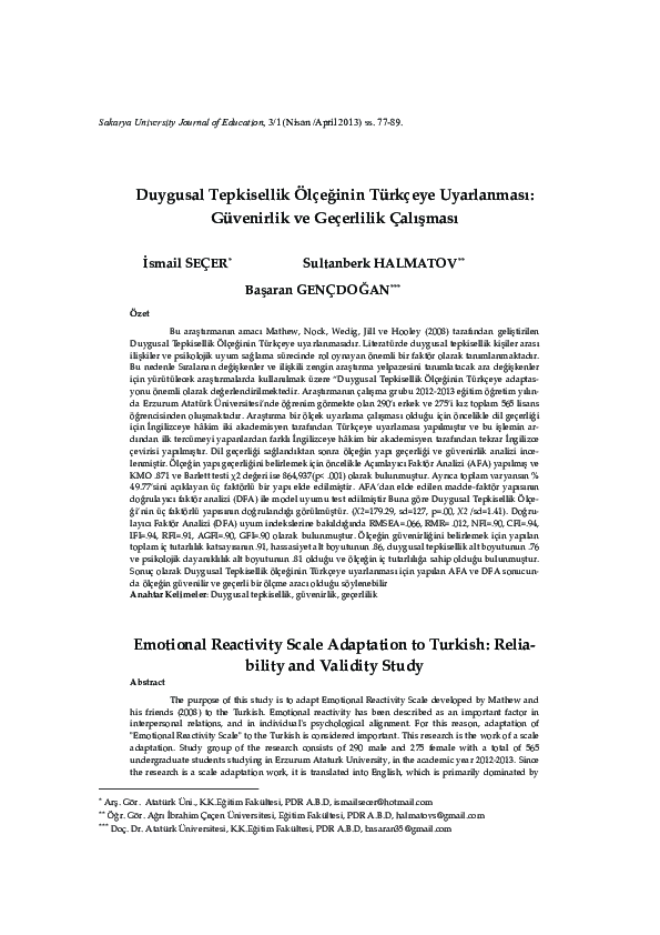 (PDF) Emotional Reactivity Scale Adaptation to Turkish Culture ...