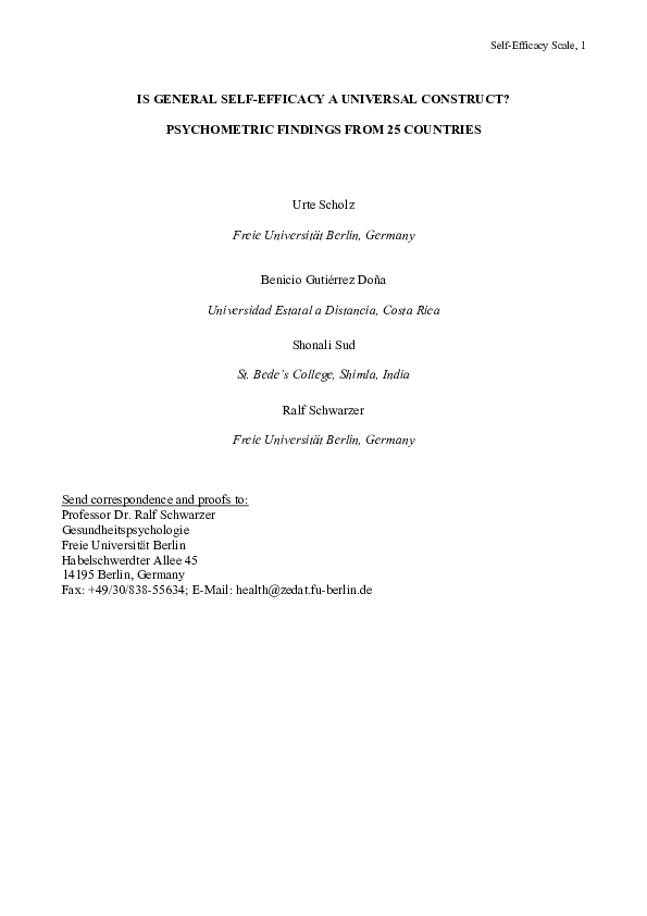 (PDF) Is General Self-Efficacy a Universal Construct?1