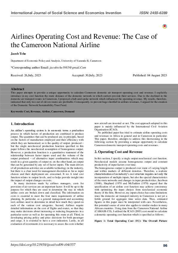 (PDF) Airlines Operating Cost and Revenue: The Case of the Cameroon ...