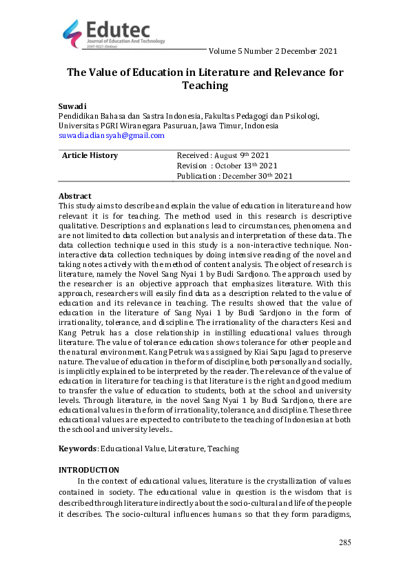 (PDF) The Value of Education in Literature and Relevance for Teaching