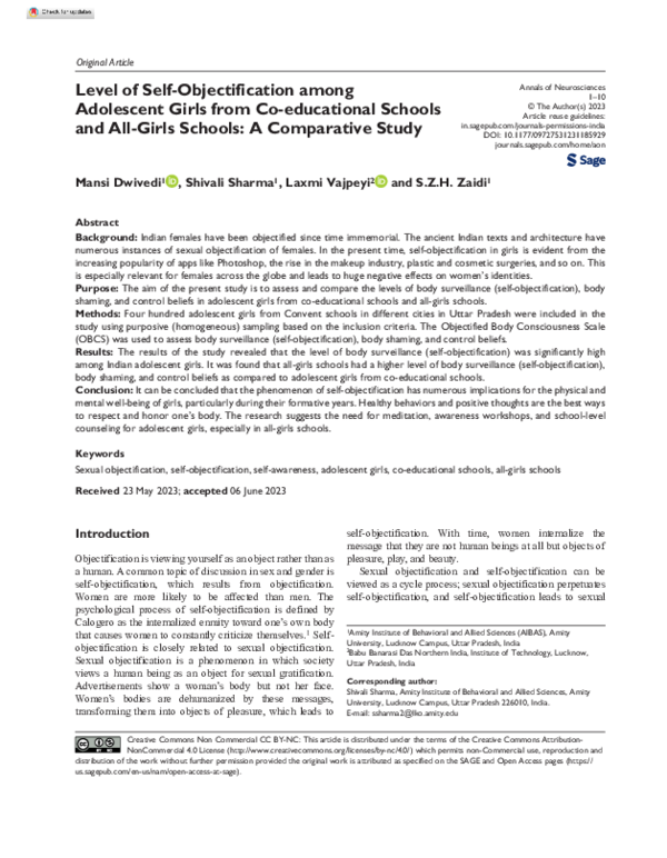 (PDF) Level of Self-Objectification among Adolescent Girls from Co ...
