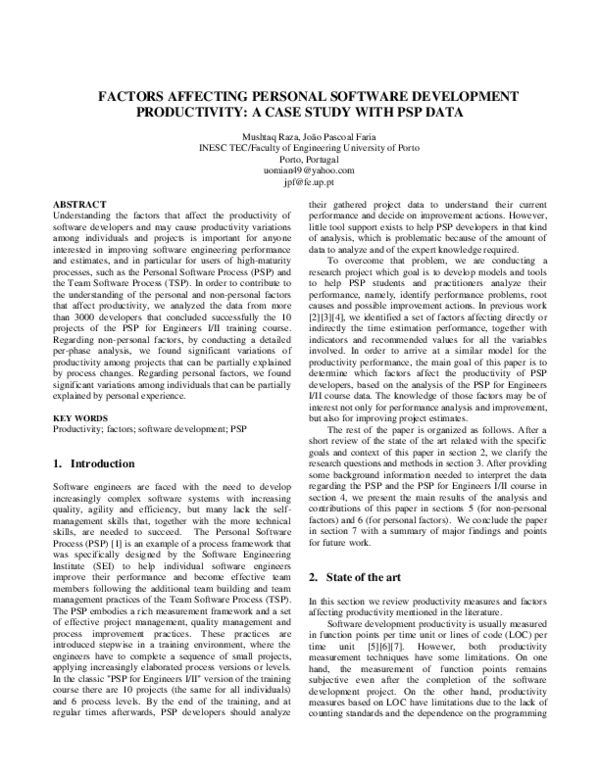 (PDF) Factors Affecting Personal Software Development Productivity: A Case Study with PSP Data ...