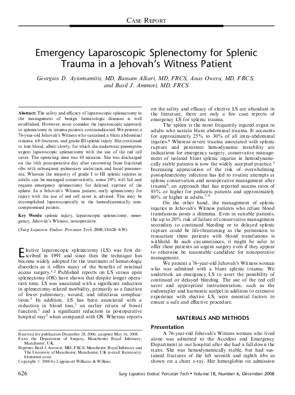 (PDF) Emergency Laparoscopic Splenectomy for Splenic Trauma in a ...