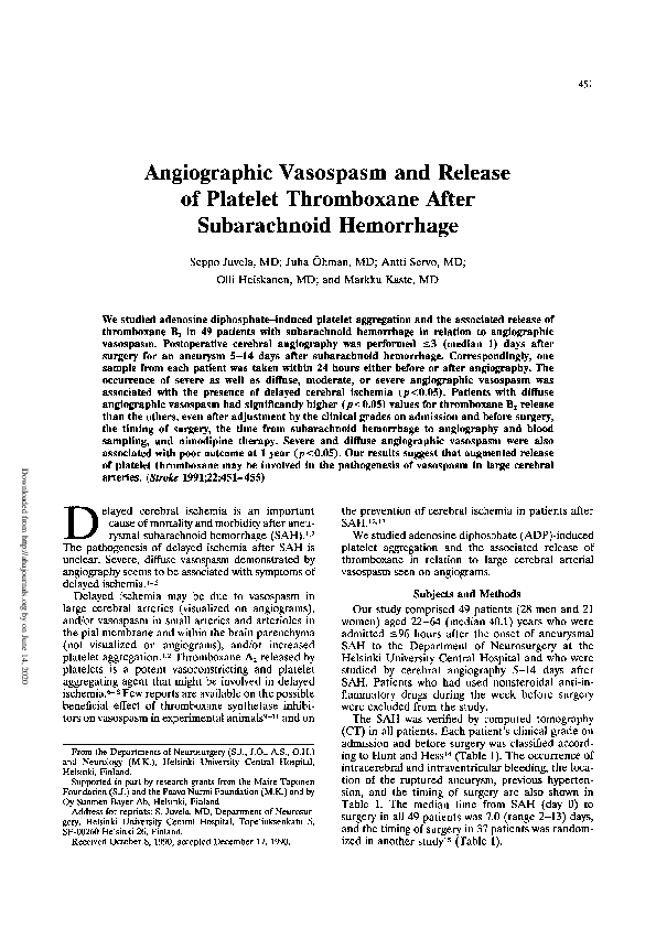 (PDF) Angiographic vasospasm and release of platelet thromboxane after ...