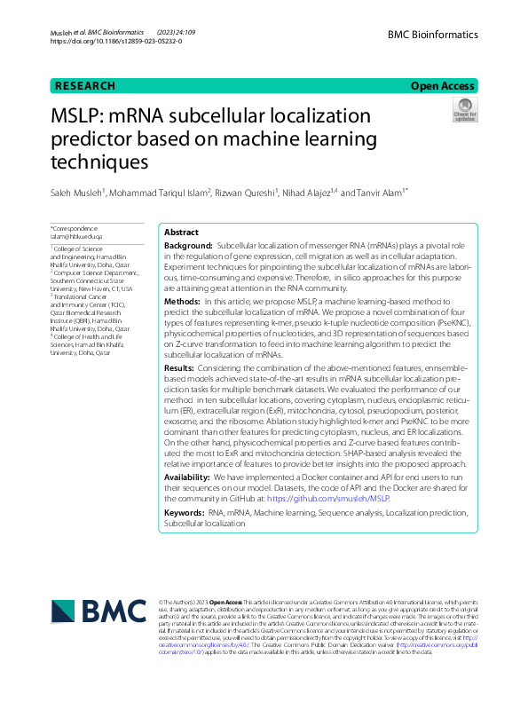 Pdf Mslp Mrna Subcellular Localization Predictor Based On Machine Learning Techniques