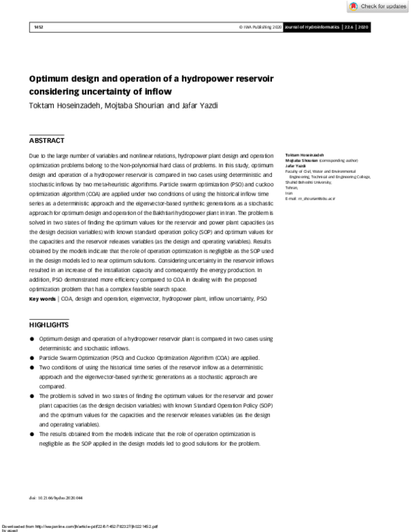 (PDF) Optimum design and operation of a hydropower reservoir considering uncertainty of inflow