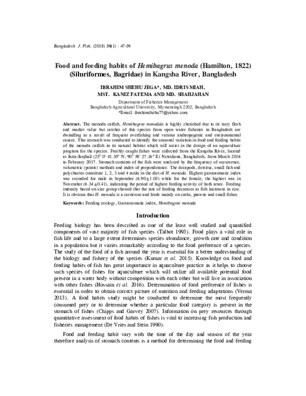(PDF) Food and feeding habits of Hemibagrus menoda (Hamilton, 1822 ...