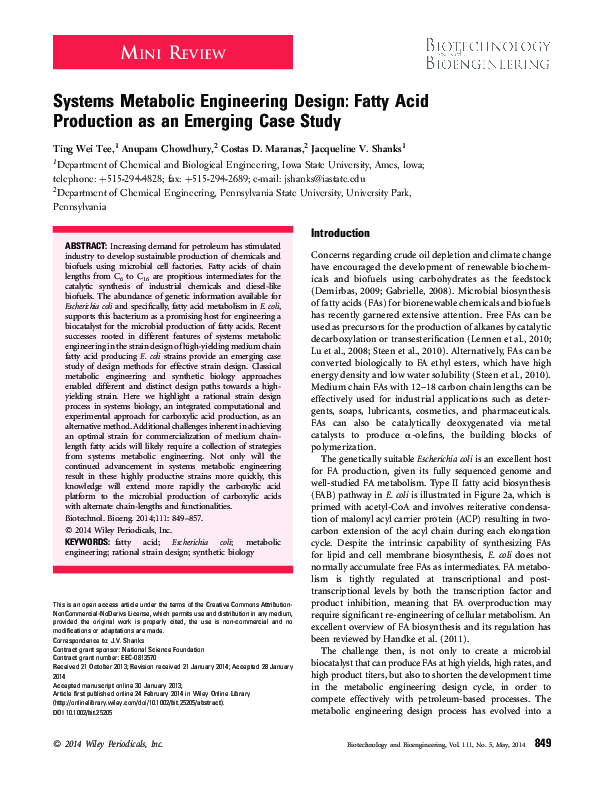 (PDF) Systems metabolic engineering design: Fatty acid production as an emerging case study