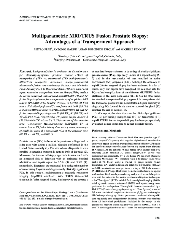 (PDF) Multiparametric MRI/TRUS Fusion Prostate Biopsy: Advantages of a Transperineal Approach