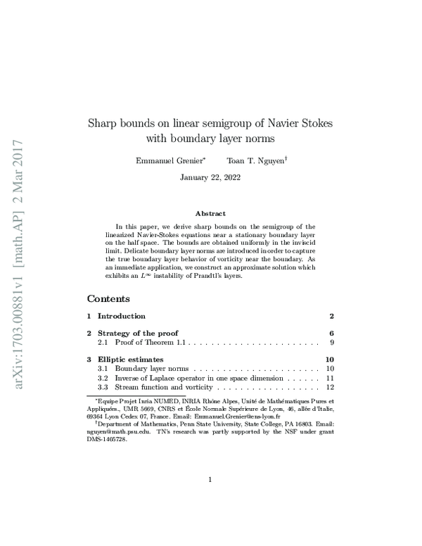 (PDF) Sharp bounds on linear semigroup of Navier Stokes with boundary layer norms | Toàn Nguyễn ...
