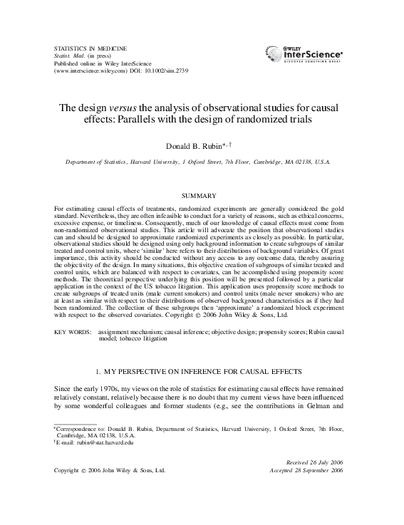 (PDF) The designversus the analysis of observational studies for causal effects: parallels with ...