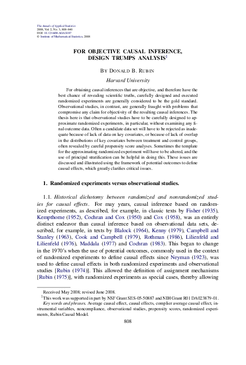 (PDF) DB: For objective causal inference, design trumps analysis